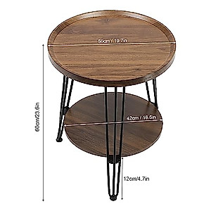 Round End Table, Small Side Table with Storage Shelf, 2-Tier Circular Rustic Vintage Table, Solid Telephone Table Nightstand for Living Room Bedroom Entryway, Black Metal Leg and Walnut Boards