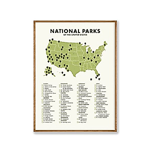 National Park Checklist and Map Wall Art Poster - 12” x 16” (UNFRAMED), Travel Wall Decor, Van Life and Cabin Decor, Bucket List Wall Art for Living Room, Bedroom, Apartment, Dorm, and More
