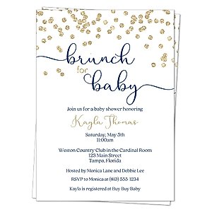 Brunch for Baby Invitations Shower Sprinkle Invites Navy Blue Gold Confetti Mimosa Champagne Glitter Sparkly Boys Printed Cards (12 count)