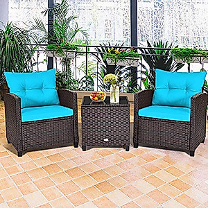 HAPPYGRILL 3-Piece Patio Furniture Set Outdoor Rattan Wicker Bistro Sofa Set Conversation Furniture with Cushion & Table