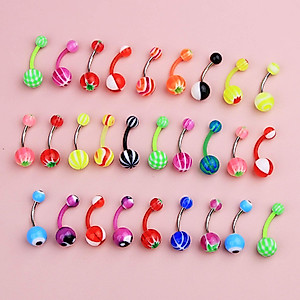 CM Crareesi Mania 50PCS Belly Rings Pack Random Belly Button Bars Stainless Steel/Acrylic Banana Barbells Navel Barbell for Navel Piercing Jewellery