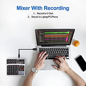 BOMGE 6 Channel Audio Sound Mixer - Professional Digital DJ Mixing Console for Live Streaming, Karaoke and Stereo Recording - With PC Computer Record Playback/Bluetooth/MP3/USB/48V /16 DSP Echo