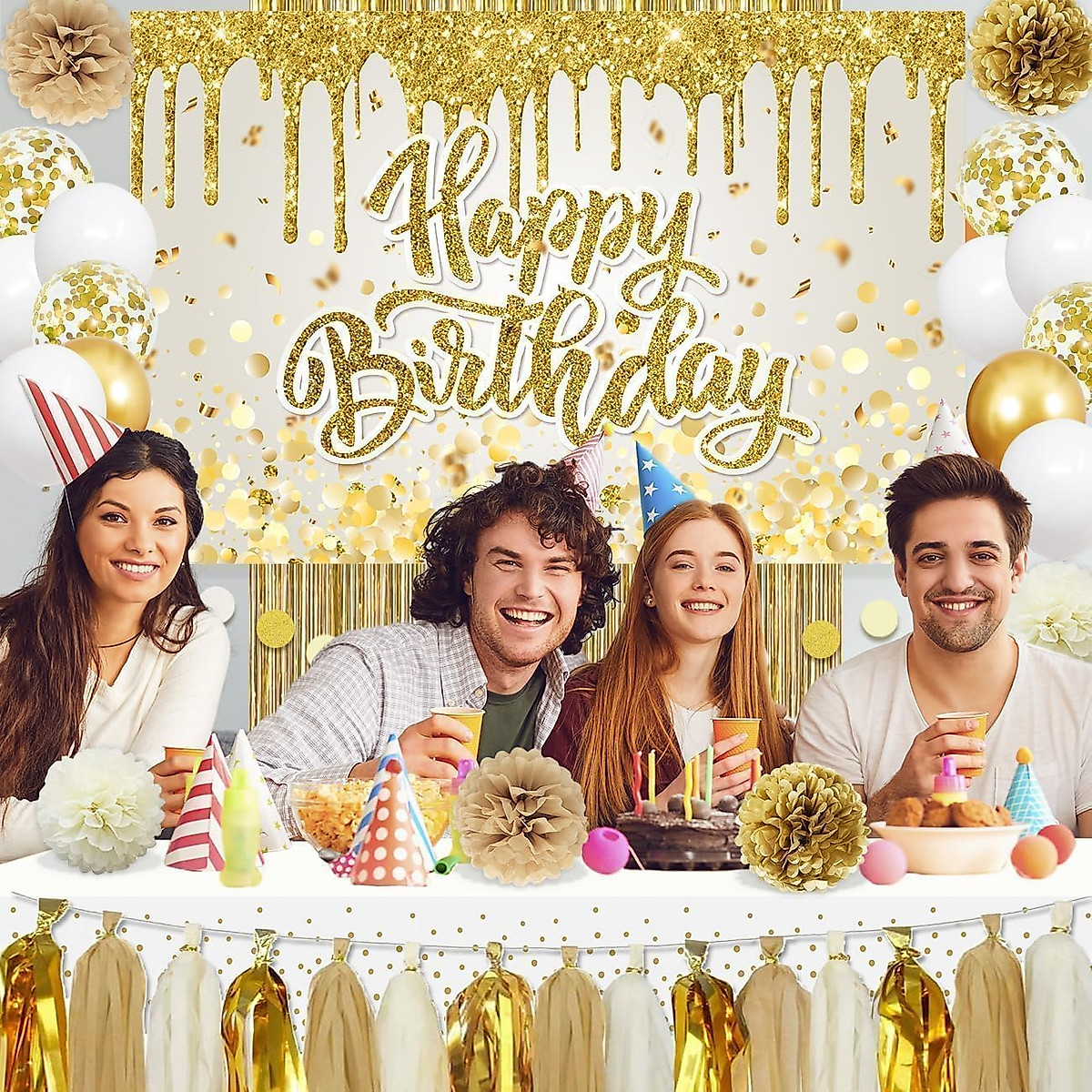 Gold Birthday Party Decorations Set Happy Birthday Decorations for Women Girls- Happy Birthday Banner Backdrop Gold and White Balloons Tassel Curtains Gold Dot Tablecloth Birthday Party Supplies