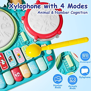 Fajiabao Kids Drum Set for Toddlers 1-3 with Microphone, Baby Drum Kit Musical Toys for 1 Year Old Boy Girl Light Piano Keyboard, Early Learning Instruments for 6 12 18 Month