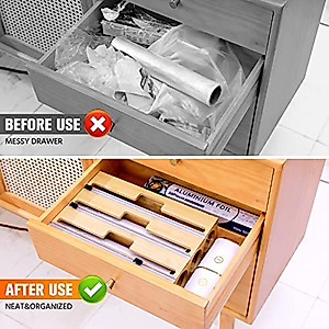 2 in 1 Foil and Plastic Wrap Organizer, Bamboo Packaging Dispenser with Cutter for Kitchen Foil, Plastic Wrap Organizer, Compatible with 12" Rolls