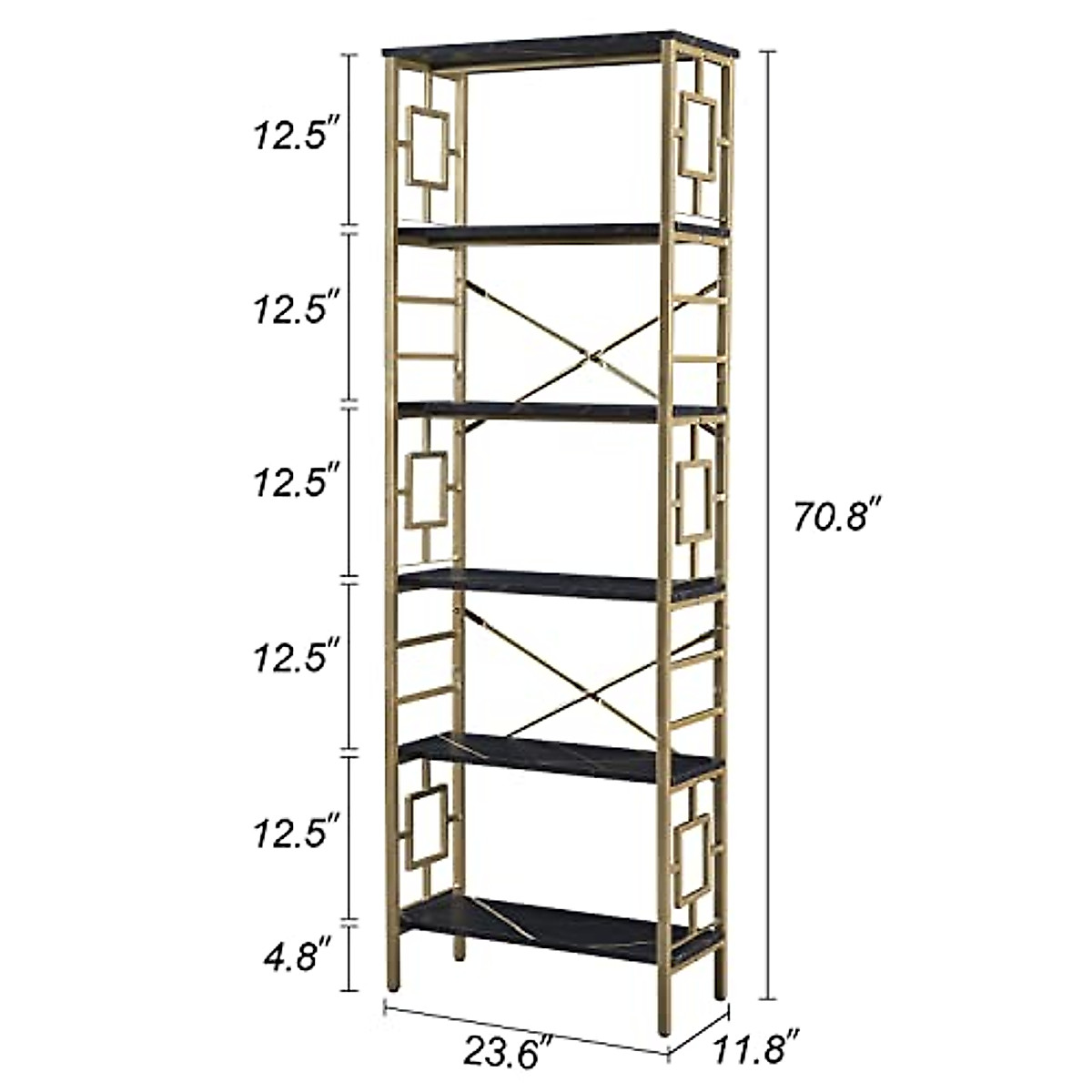 HOMISSUE Bookcase,6-Tier Tall Bookshelf Metal Bookcase and Bookshelves, Free Standing Storage Modern Bookshelf for Home Office Living Room and Bedroom, Black & Gold