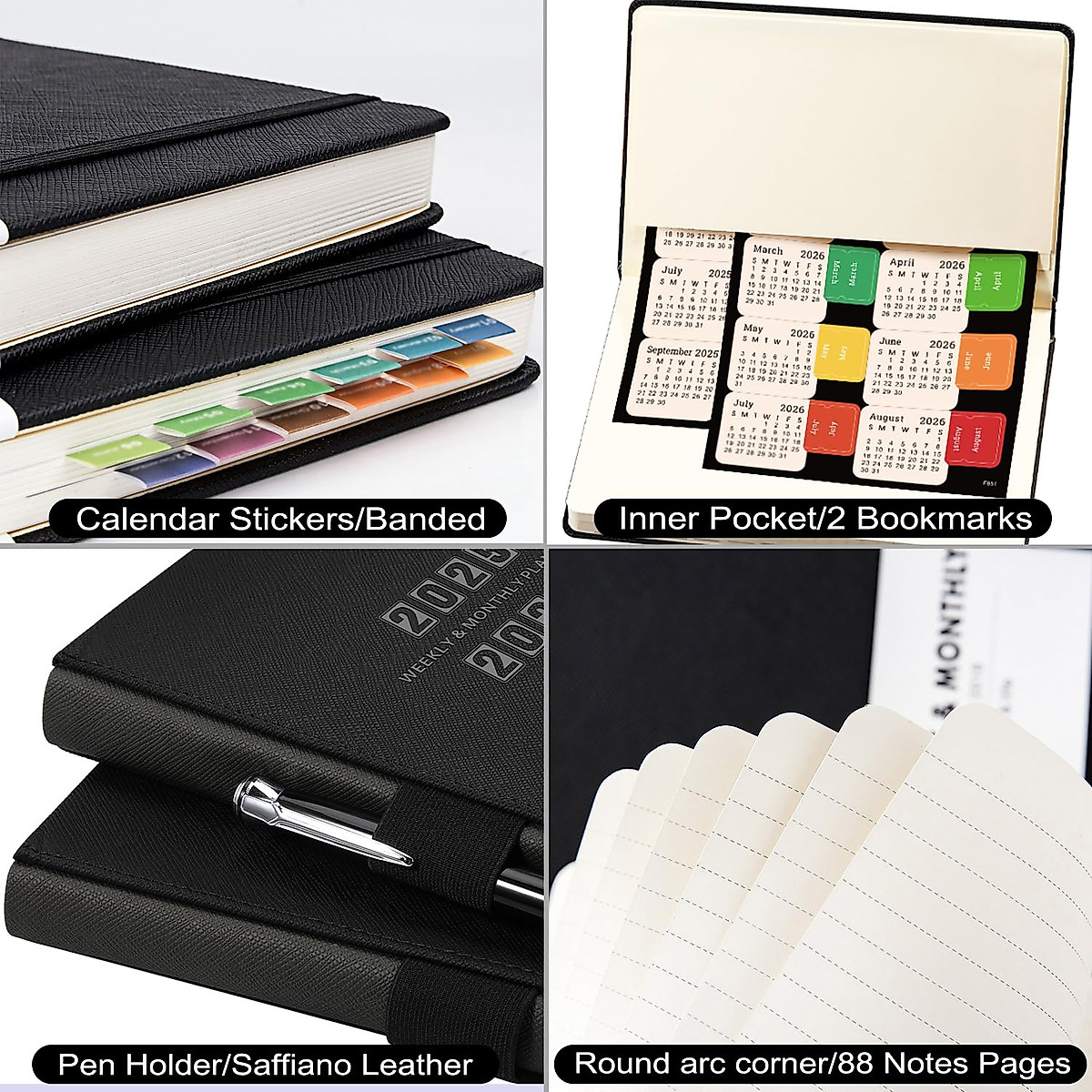 2023 Planner - 18-Months Weekly Monthly Planner 2023, January 2023 - June 2024, 5.75" x 8.25", Saffiano Leather with Thick Paper, Back Pocket with 32 Notes Pages - Black