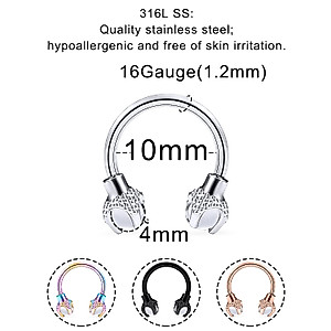 Ftovosyo 4Pcs Glow in the Dark Dragon Claws Circular Horseshoe Barbell Surgical Steel Nose Septum Rings Hoop Daith Earring Helix Vertical Lip Piercing Jewelry for Women Men