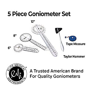 EMI EGM-650 5 Piece Physical Therapy Set - Goniometer 12 inch, 8 inch, 6 inch, Taylor Hammer, & Tape Measure