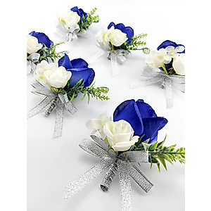 Ciandid Royal Blue Rose Wrist Corsage and Boutonniere set for Wedding, 3PCS Groom Groomsman Boutonnieres & 3PCS Bride Bridesmaid Wrist Corsages Wristlet Bracelet Flower for Wedding Ceremony Prom Party