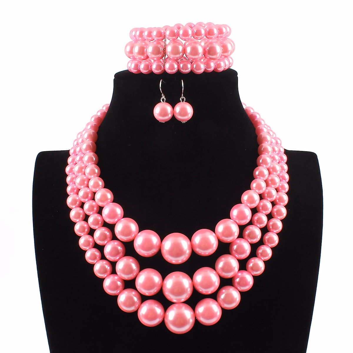 KOSMOS-LI Large Pearl Jewelry Set 3 Layer Simulated Pink Pearl Women's Statement 18" Necklace Bracelet and Earrings