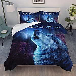 XYNHML Wolf Comforter Set Galaxy Night Moon Bedding Set 3Pcs Howling Wolf Down Lunar Eclipse Bed Set for Kids Teens Room Decor Wild Animals Comforter with 2 Pillowcases