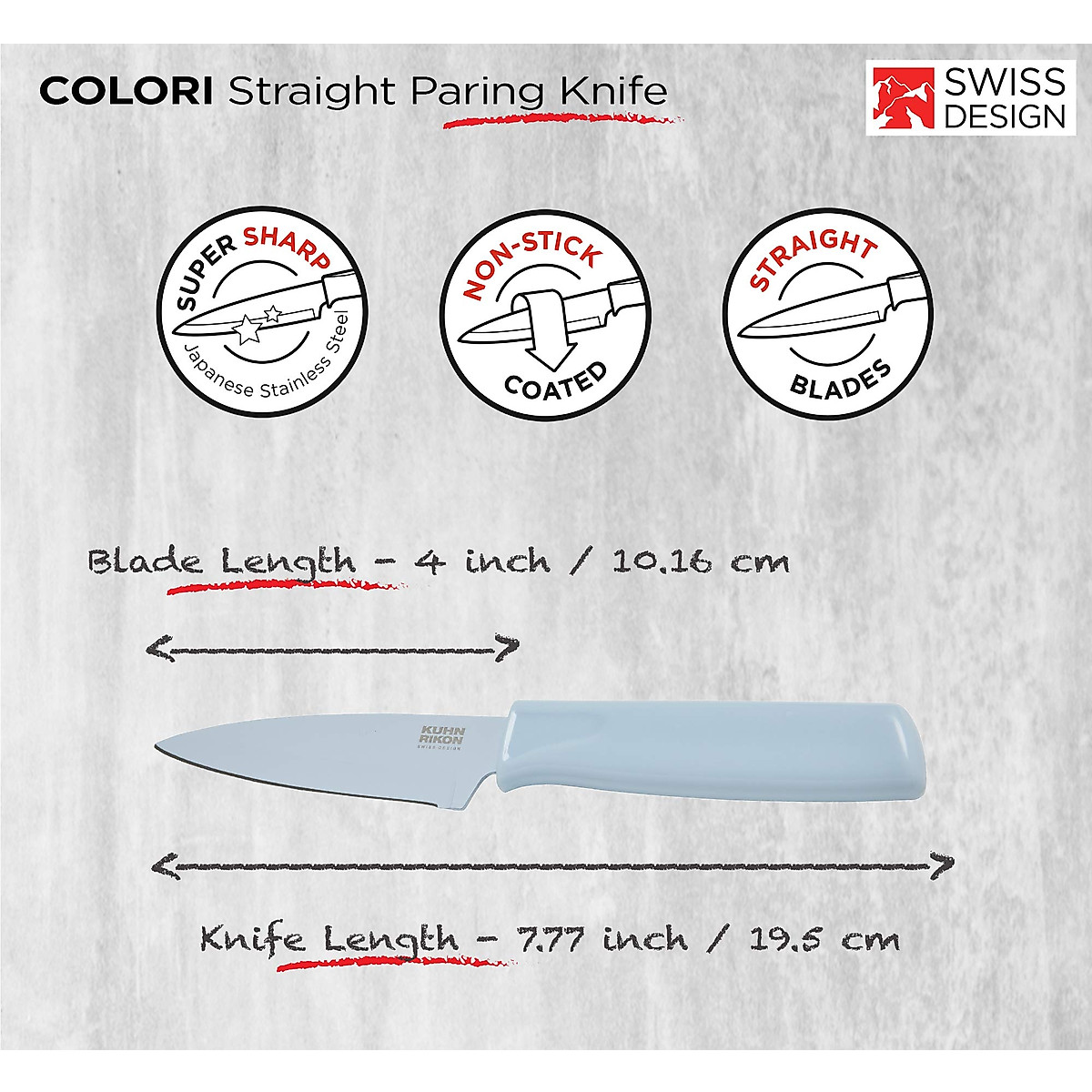 Kuhn Rikon Colori Non-Stick Straight Paring Knife with Safety Sheath, 4 inch/10.16 cm Blade, Sea Salt