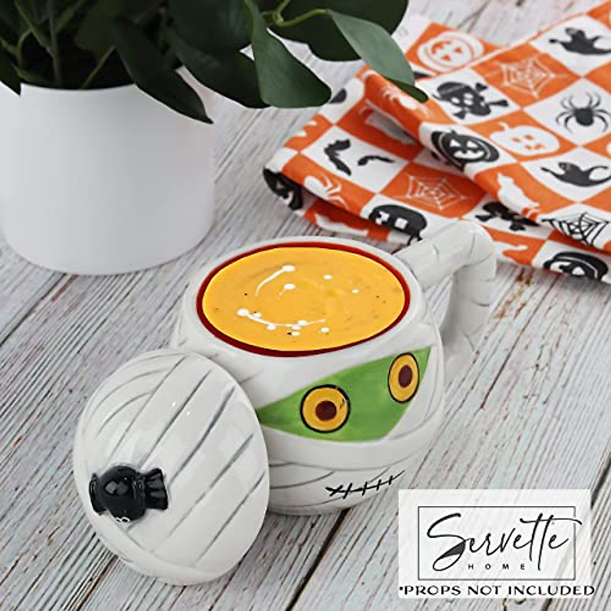 Servette Home Ceramic 10 ounce Halloween Soup Mug with Lid (Mummy)