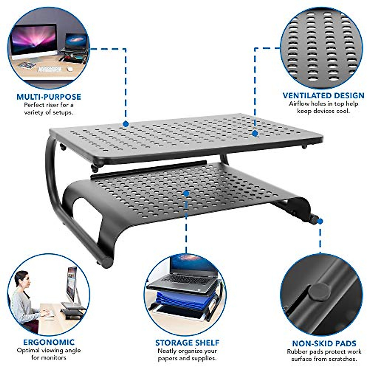 MOUNT-IT! 2 Tier Desk Organizer Riser | Computer Monitor Stand with Keyboard Storage Shelf for Desktops, Laptops, Printers, Home Office Space Saver (2 Shelves)
