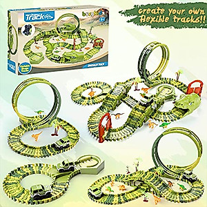 Dinosaur Race Car Track Toys, 400 pcs Create Dinosaur World Road Race, Flexible Tracks with 360 Loop and Auto Turntable Playset, 2 Cars, 2 Dinosaur Head, Gift for Kids Ages 3 4 5 6 Year Old Boys Girls