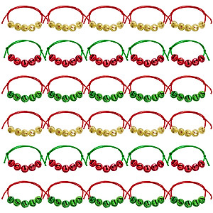 mifengda 30 Pieces Christmas Jingle Bell Bracelets Adjustable Jingle Bell Wrist Band Green Red and Gold Metal Bells Bracelets for Christmas Party Gift