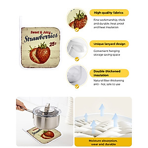 5 PCS Pot Holders with Hanging Loops, Red Strawberry Heatresistant Potholders Coasters Mat for Kitchen Cooking Baking BBQ Vintage Rural Shabby Grain