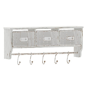 Merrick Lane Enid Wall Mount Storage Rack - Whitewashed Pine Wood - 24" Wide - Upper Shelf - 5 Hooks - Wire Baskets - For Entryway, Kitchen, Bathroom