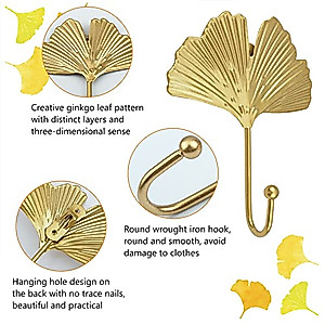MOROBOR Decorative Leaves Iron Hooks,4pcs Ginkgo Leaf Shape Wall Mounted Hooks Modern Key Holder Wall Mounted Gold Single Prong Coat Hanger Home Office Nursery Room Decoration