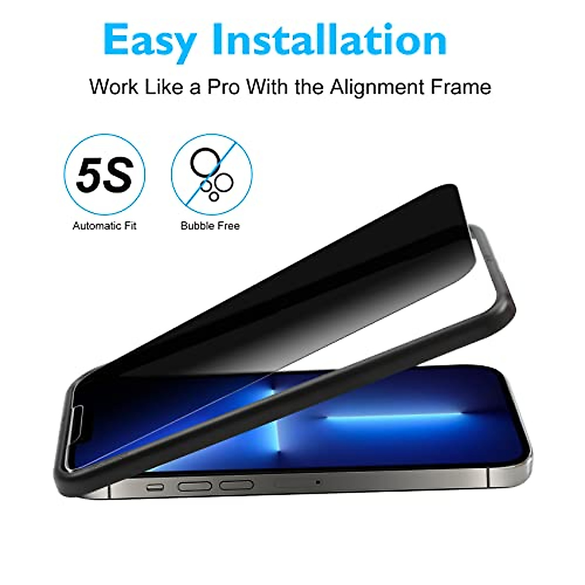 Esanik [3+2 Pack] Privacy Screen Protector for iPhone 14 Plus 6.7" Anti-Spy Tempered Glass + Camera Lens Protector, Installation Frame, 9H Hardness, Case Friendly, Easy Installation, Bubble Free