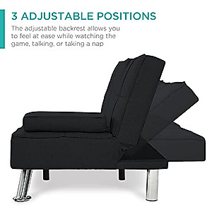 Best Choice Products Linen Upholstered Modern Convertible Folding Futon Sofa Bed for Compact Living Space, Apartment, Dorm, Bonus Room w/Removable Armrests, Metal Legs, 2 Cupholders - Black