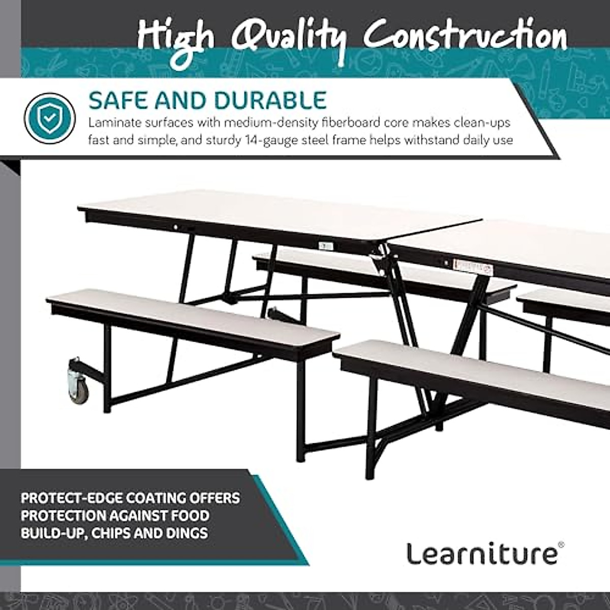 Learniture Mobile Bench Cafeteria Table for Schools and Lunch Rooms, Heavy-Duty Rolling Cafeteria Table with Benches and Casters, Gray/Black
