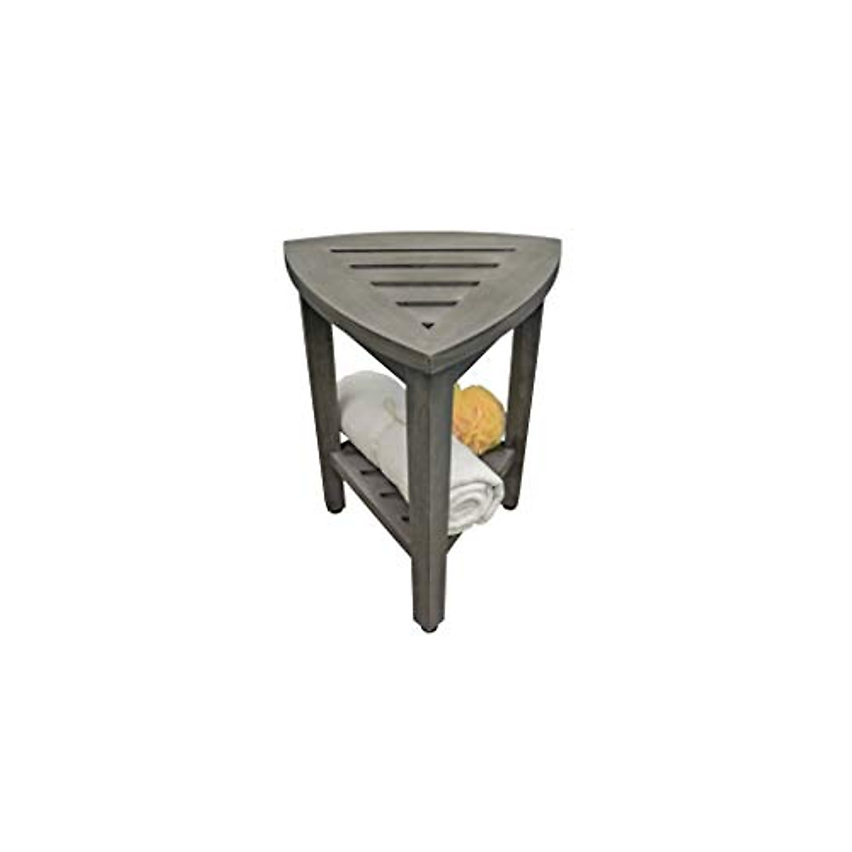 CoastalVogue Flexi Corner Teak Shower Corner Stool Wood Corner Shower Seat Spa Bench with Shelf, 15" Corner Shower Foot Stool in Antique Gray Finish