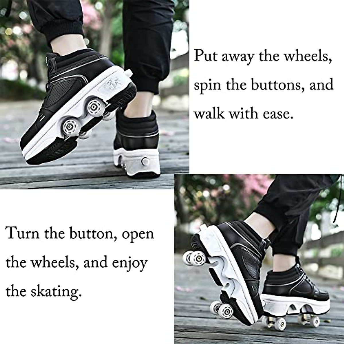 KOFUBOKE LED Deformation Roller Skate Shoes Double-Row Walking Shoes with Invisible Wheels 2 in 1 Removable Pulley Parkour Skating (Black, 3.5)
