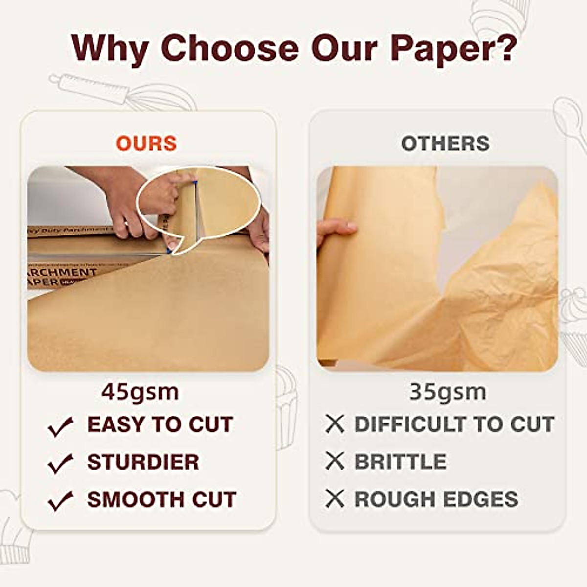 Unbleached Parchment Paper for Baking, 15 in x 210 ft, 260 Sq.Ft, Heavy Duty Baking Paper with Slide Cutter, Non-stick Brown Parchment Paper Roll for Cooking, Air Fryer, Steaming, Baking Bread