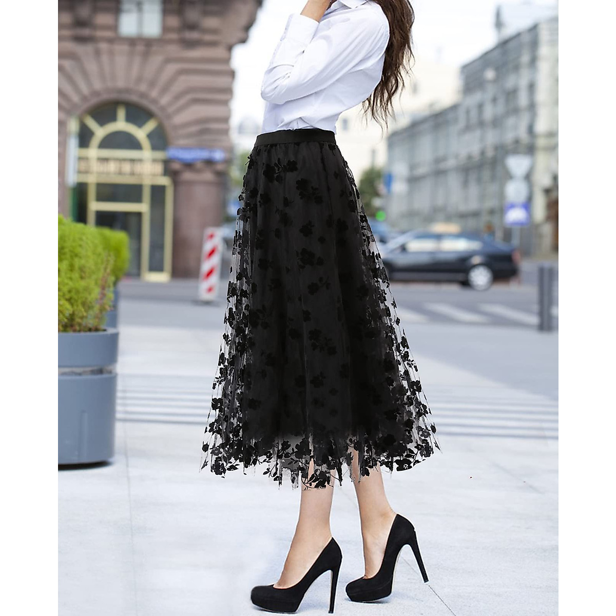 Women's A Line Tulle Midi Skirt Tutu Tiered Petticoat Skirts Tea-Length Elastic Waist Tutu Skirts (Flower Black 3 Layer)