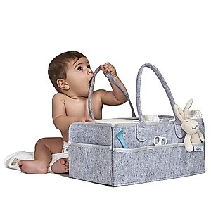 NEENY Baby Diaper Caddy Organizer – Portable Changing Table Storage Basket – Soft Felt Grey Nappy Bag Adjustable Compartments – Wipes Bottle Nursing Home & Car Travel – FREE Cotton Bib & Pacifier Clip