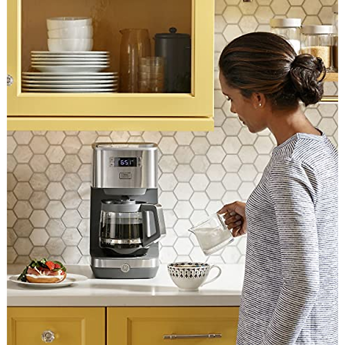 GE Drip Coffee Maker With Timer | 12-Cup Glass Carafe Coffee Pot With Warming Plate | Adjustable Brew Strength | Wide Shower Head for Maximum Flavor | Kitchen Essentials | Stainless Steel