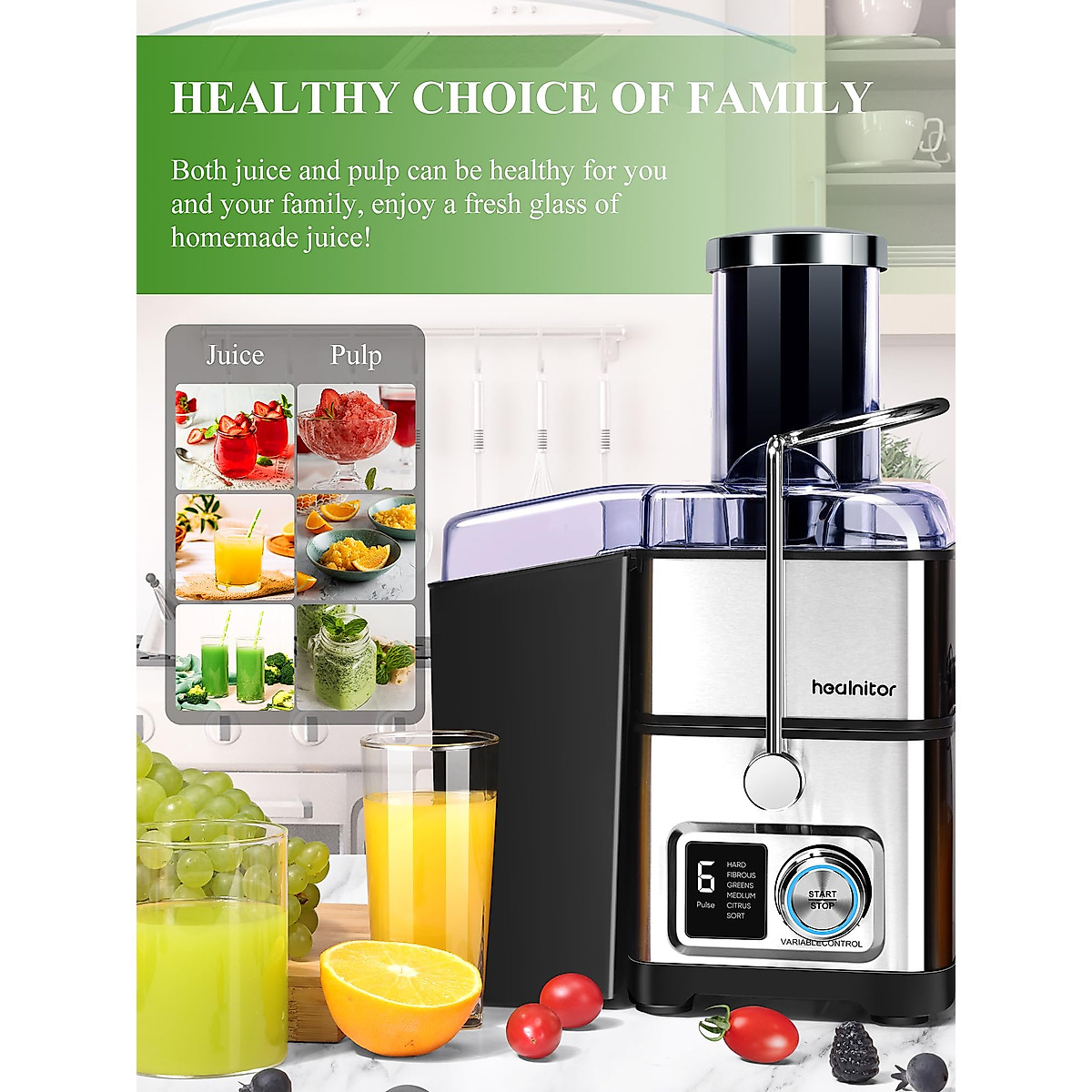 1100W 6-SPEED Digital Screen Centrifugal Juicer Machines Vegetable and Fruit, Healnitor Juice Extractor with 3.5" Big Wide Chute, Easy Clean, Anti-Drip Function, BPA-Free, Silver