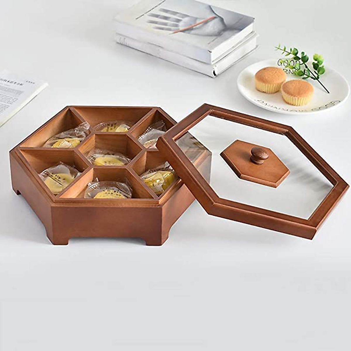 Wooden Dried Fruit Box, Multifunction Snack Storage Container Sectional Tray with Clear Window on the Lid, 7 Compartments Party Serving Platter for Candy/Nut/Sweets Cookies