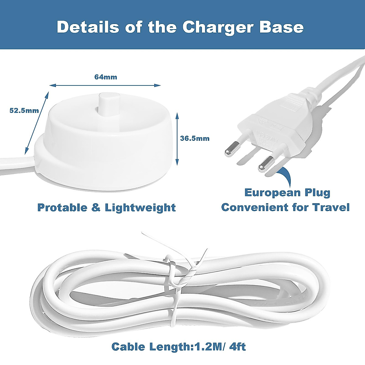 Toothbrush Charger for Oral-b Braun Electric Toothbrush,Inductive Replacement Charger Power Cord Fits Braun Oral-B Modle 3757, Portable Travel ABS Charging Base 110v-240v(US Plug)