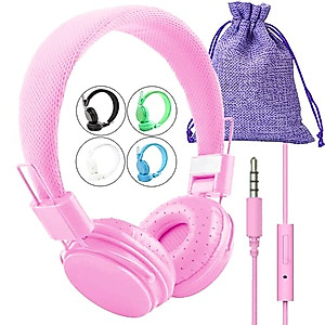 Headphones for Kids - Headset Boys Girls Ear Microphone Head Wired mic audiofonos Cord Jack 3.5 Plug for iPhone iPad Chromebook School Class Laptop Tablet Computer Kindle Pink Foldable Travel Volume