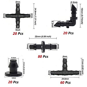 Kalolary 200PCS Irrigation Fittings Kit, Drip Irrigation Barbed Connectors for 1/4-Inch Vegetable Garden Lawn Water Hose Connectors(80 Straight Barbs+60 Tees+20 Elbows+20 End Plug+20 4-Way Coupling)