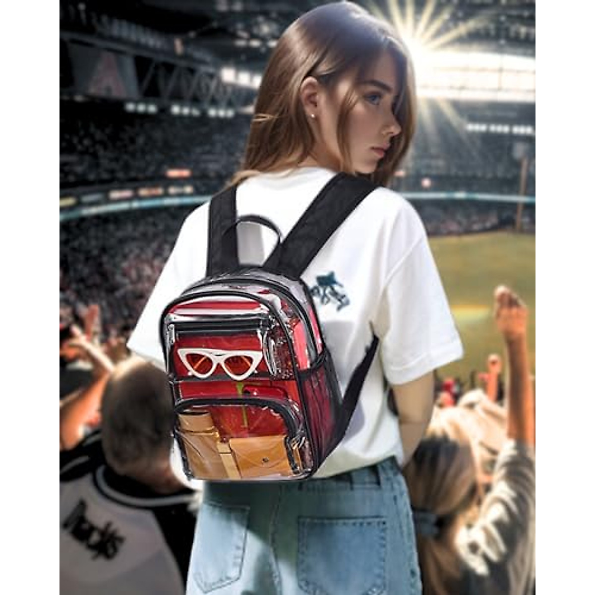 MAY TREE Small Clear Backpack Stadium Approved for Women Clear Bag for Stadium Events Concert Sporting, Black