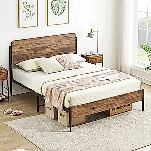 IDEALHOUSE Queen Size Bed Frame with Wooden Headboard, Platform Bed Frame with Safe Rounded Corners, Strong Metal Slats Support, Mattress Foundation, Noise-Free, No Box Spring Needed, Walnut