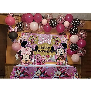 Pink Backdrop and Tablecloth for Girls Birthday Party Decorations Cartoon Birthday Party Photography Background Banner with Table Cover for Girls Party Supplies 5x3FT