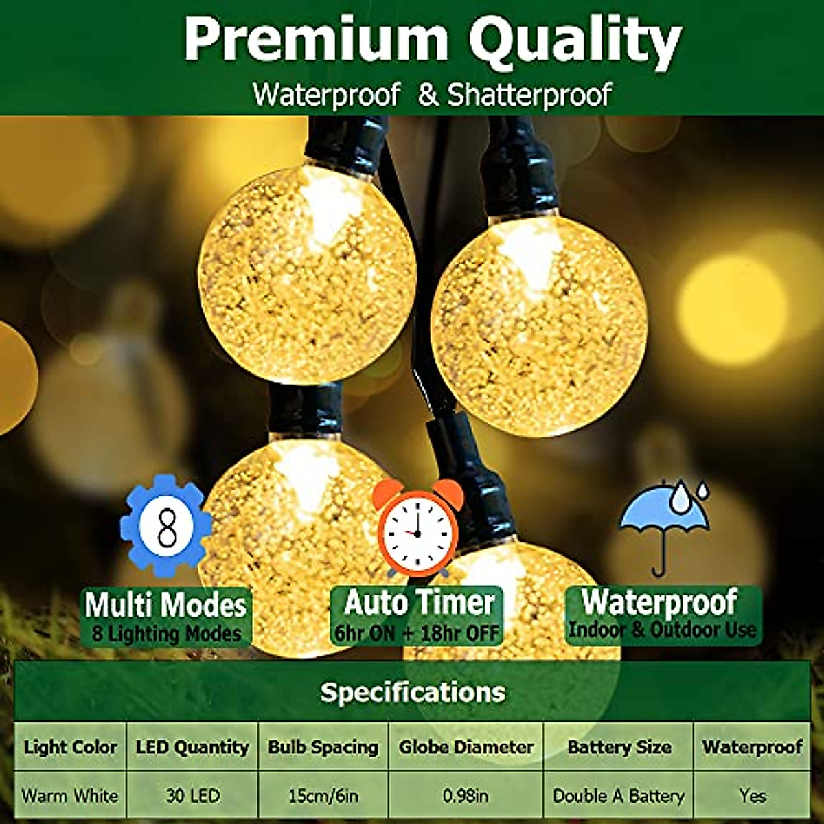 Battery Operated Globe String Lights - Indoor Outdoor String Lights Waterproof Crystal Globe Lights 8 Modes 30 LED Patio Lights with Timer for Garden Balcony Pergola Party Decor, Warm White, 2 Pack