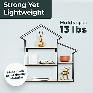 Greenco Shelf, Natural Geometric House Shaped 3 Tier Mounted Floating Shelves, Home Decor, Metal Wire and Rustic Wood Wall Storage Shelves for Bedroom, Living Room, Bathroom, Kitchen and Office