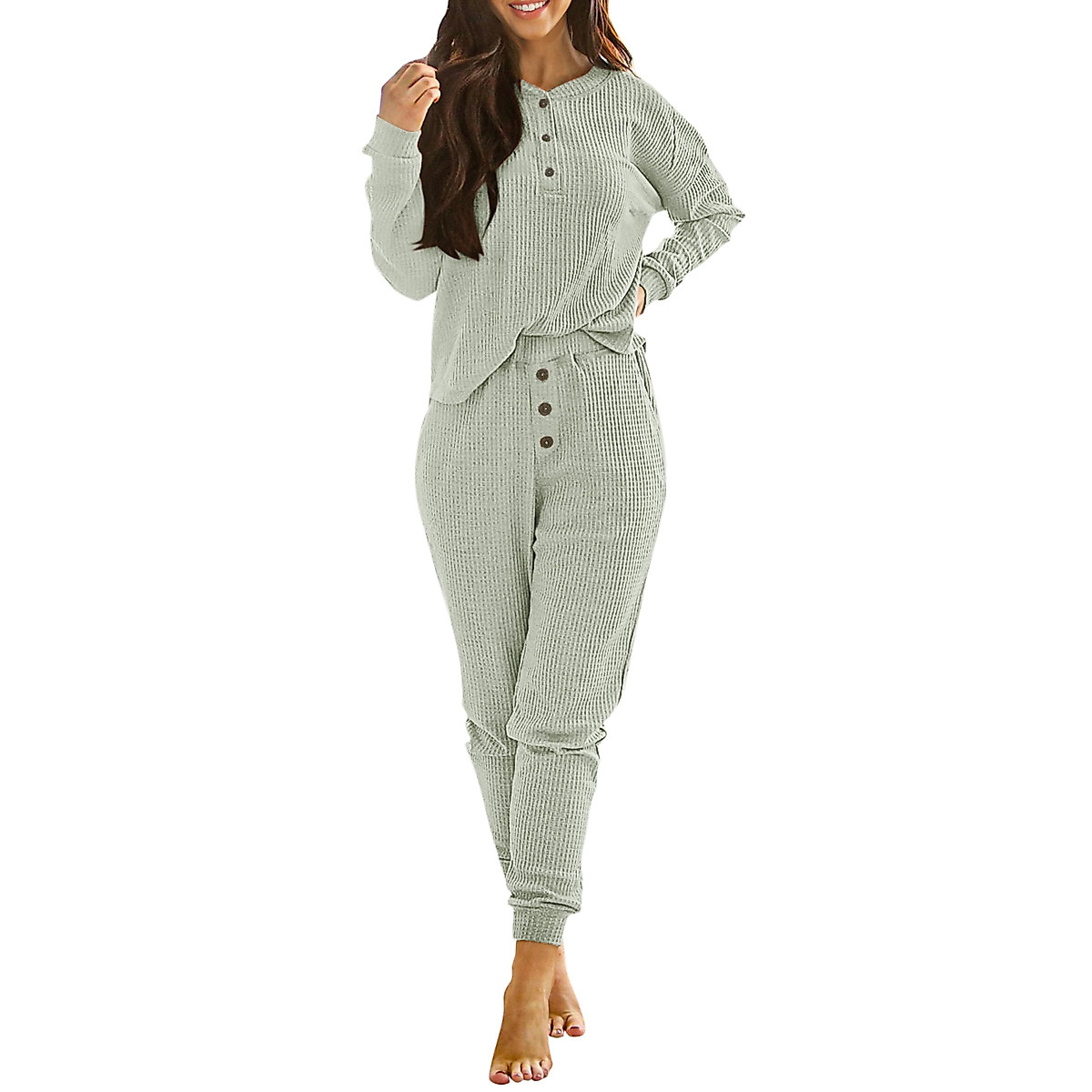 PRETTYGARDEN Women's 2 Piece Waffle Knit Lounge Outfit Long Sleeve Henley Top and Sweatpants Set Tracksuit (Light Green,Large)