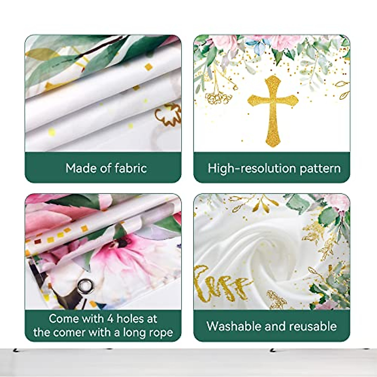 God Bless Backdrop Baptism First Holy Communion Banner Mi Bautizo Baby Shower Party Decorations Christening Ceremony Newborn Banner Flowers Leaves Floral Photography Background Decor Supplies