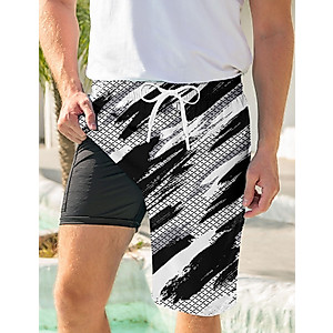 Goodstoworld Mens Swimming Trunks Compression Liner Swimwear Swim Board Shorts 9 Inch Inseam Beach Bathing Suits Black White Graffiti