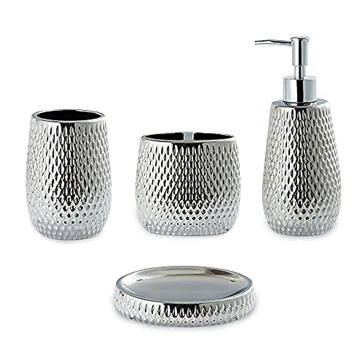 BASDHE Bathroom Accessories Set 5 Piece Bath Ensemble Includes Trash Can,Toothbrush Holder,Toothbrush Cup,Soap Dispenser,Soap Dish for Decorative Countertop and Housewarming Gift, Grey