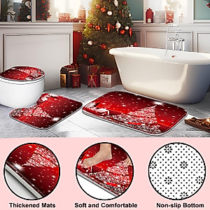 Poedist 4 Pcs Christmas Bathroom Decor Set,Christmas Shower Curtain Sets, Xmas Shower Curtain Sets with Rugs(Bath Mat,U Shape and Toilet Lid Cover Mat) and 12 Hooks,Christmas Tree