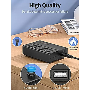 USB Charger Station,Powstick 8 Ports Charging Hub 60W/12A, Included 3 Mixed Cables,Desktop Compact Multi Port USB Charger Compatible Phone, iPad Tablet and Multiple Device(5ft Detachable Cord,Black)