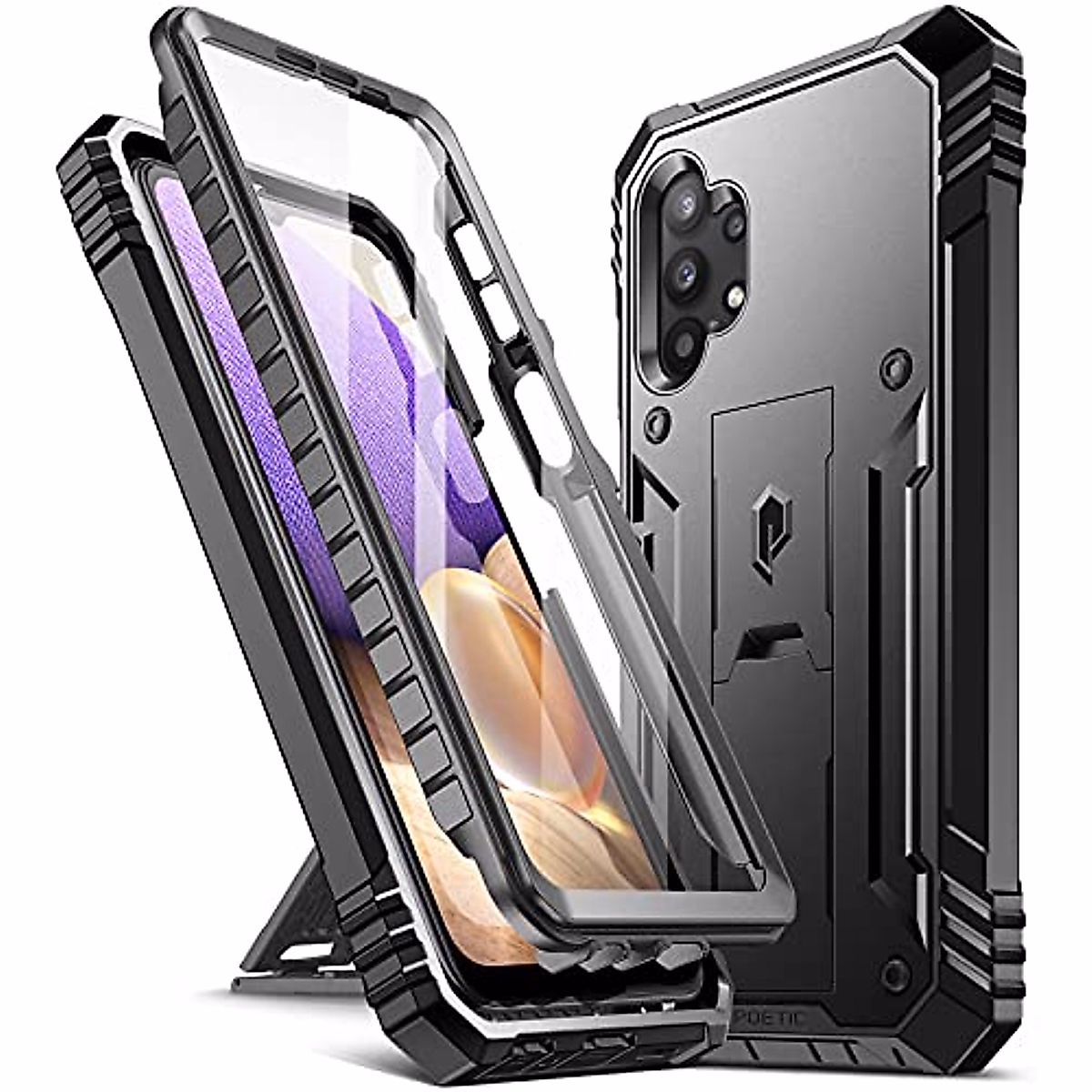 Poetic Revolution Series Case for Samsung Galaxy A32 5G, Full-Body Rugged Dual-Layer Shockproof Protective Cover with Kickstand and Built-in-Screen Protector, Black